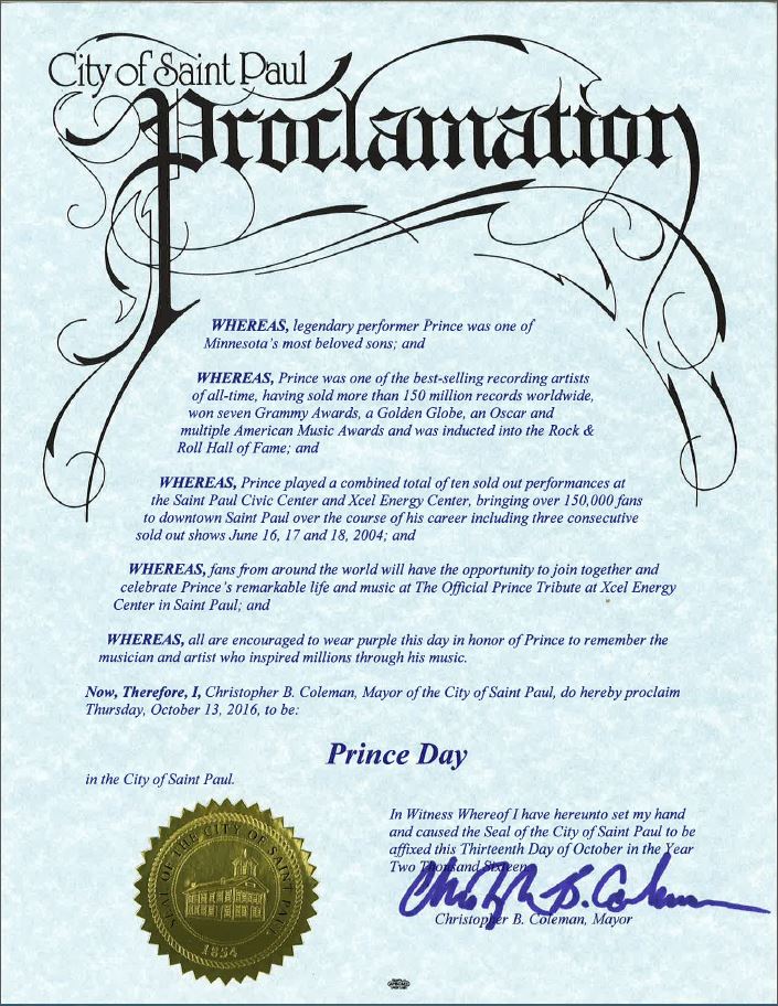 Prince Day - City Of St. Paul Proclamation